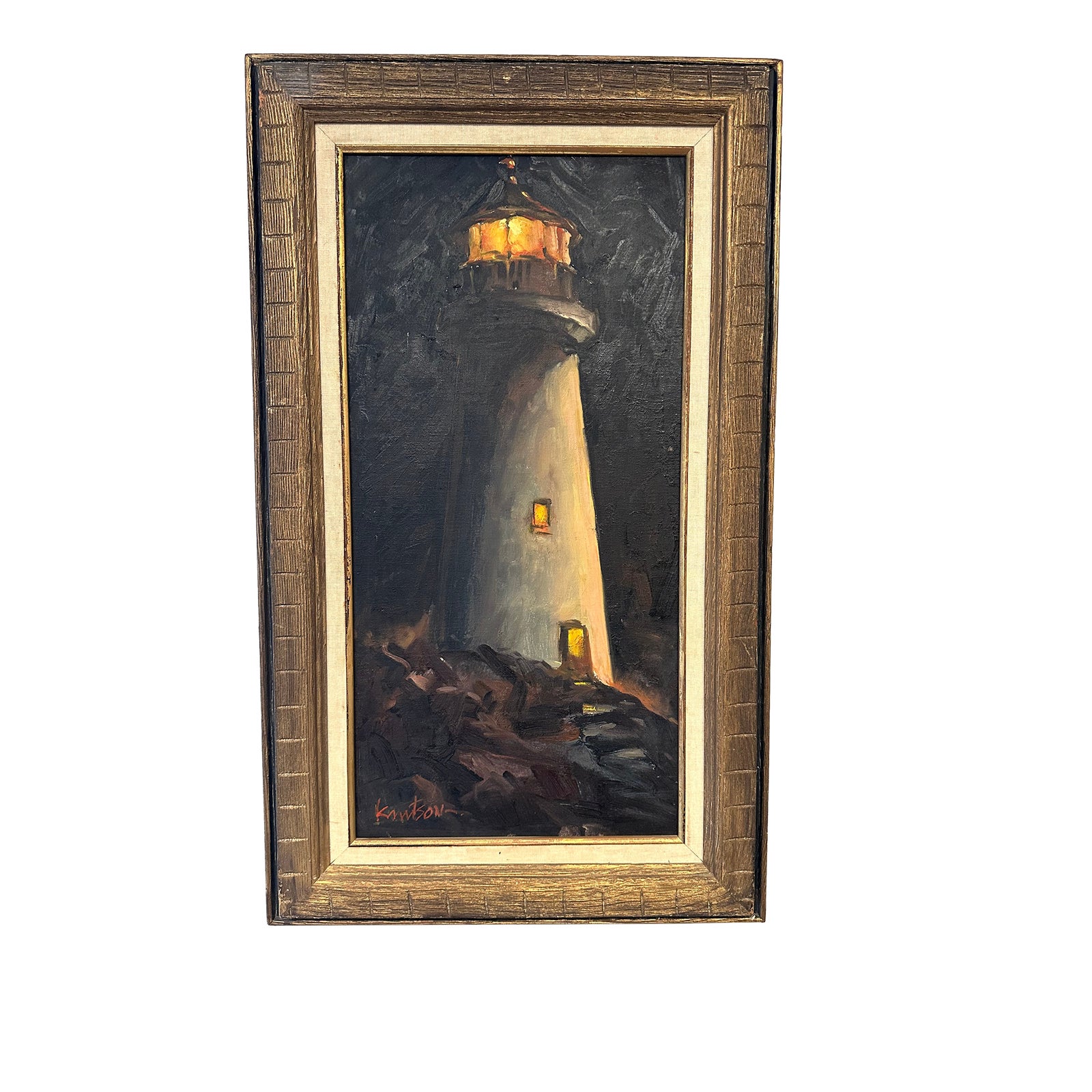 Vintage 1940’s Large Lighthouse at Night Original Oil Painting, Signed and Framed | Chairish