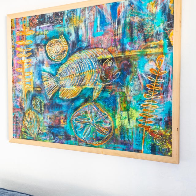 Multimedia and Acrylic Abstract Expressionist Fish Painting | Chairish