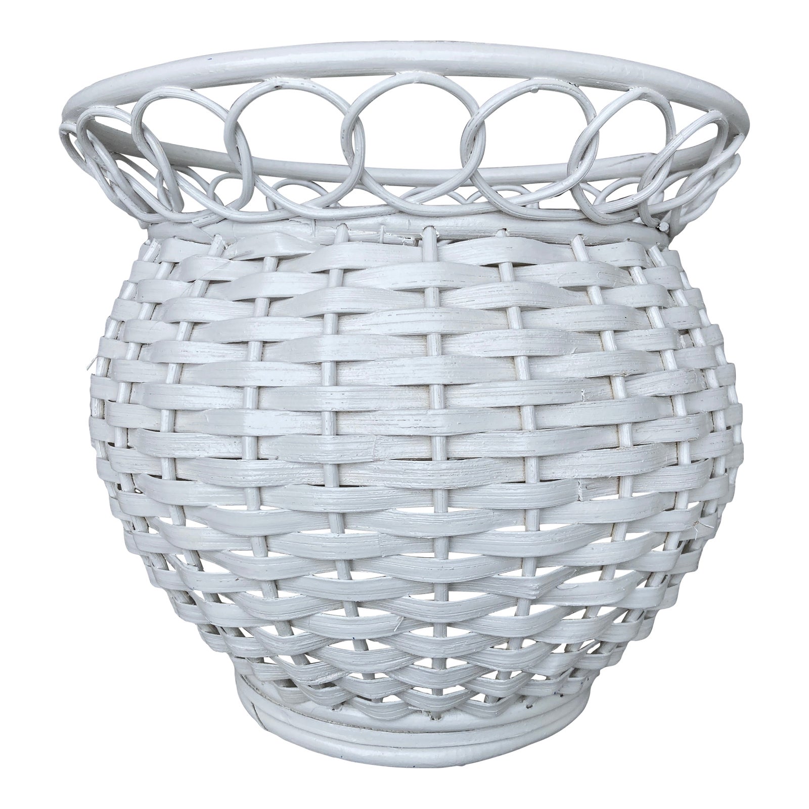 Vintage White Rattan Wicker Planter Basket | Chairish