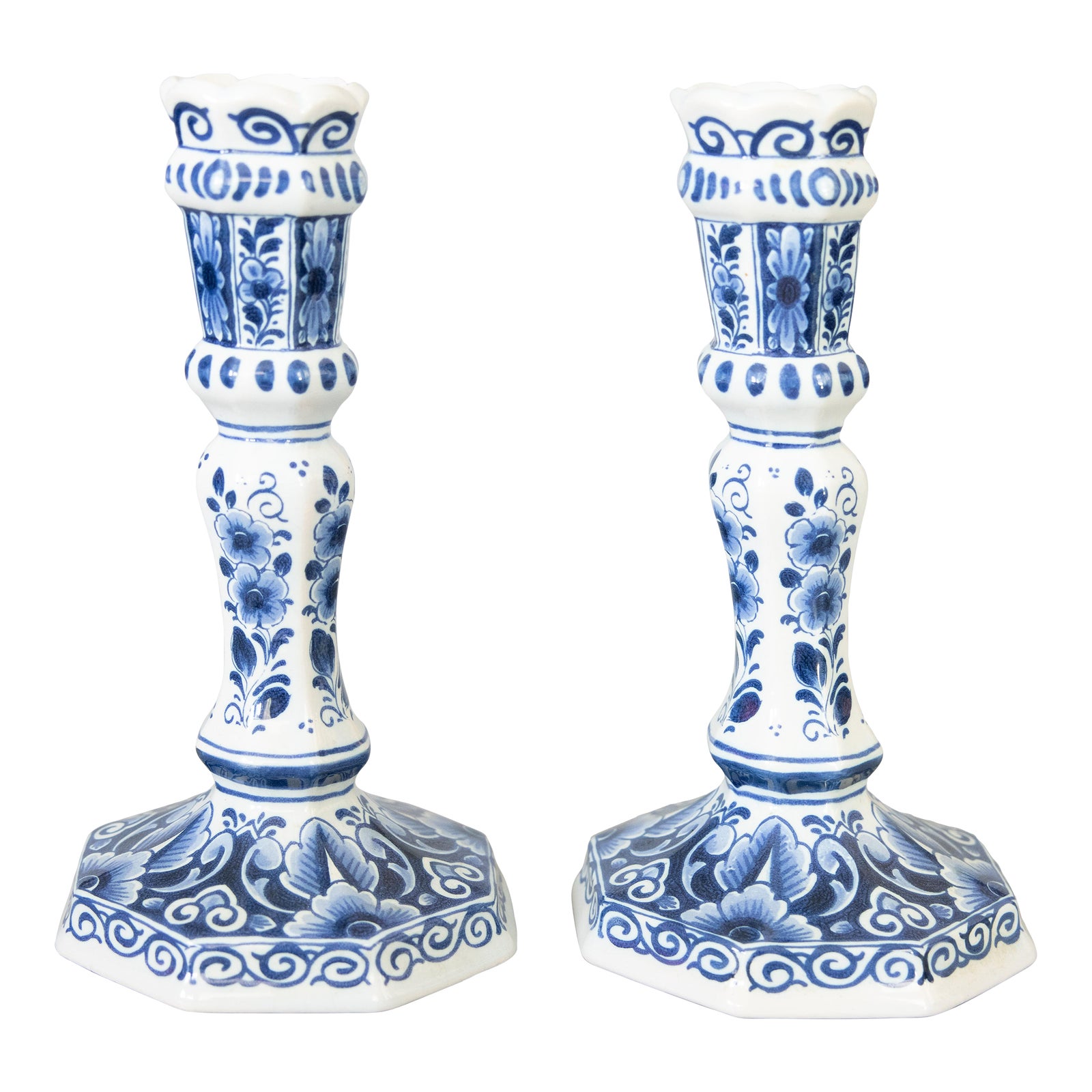Mid 20th Century Dutch Delft Floral Candlesticks - a Pair | Chairish