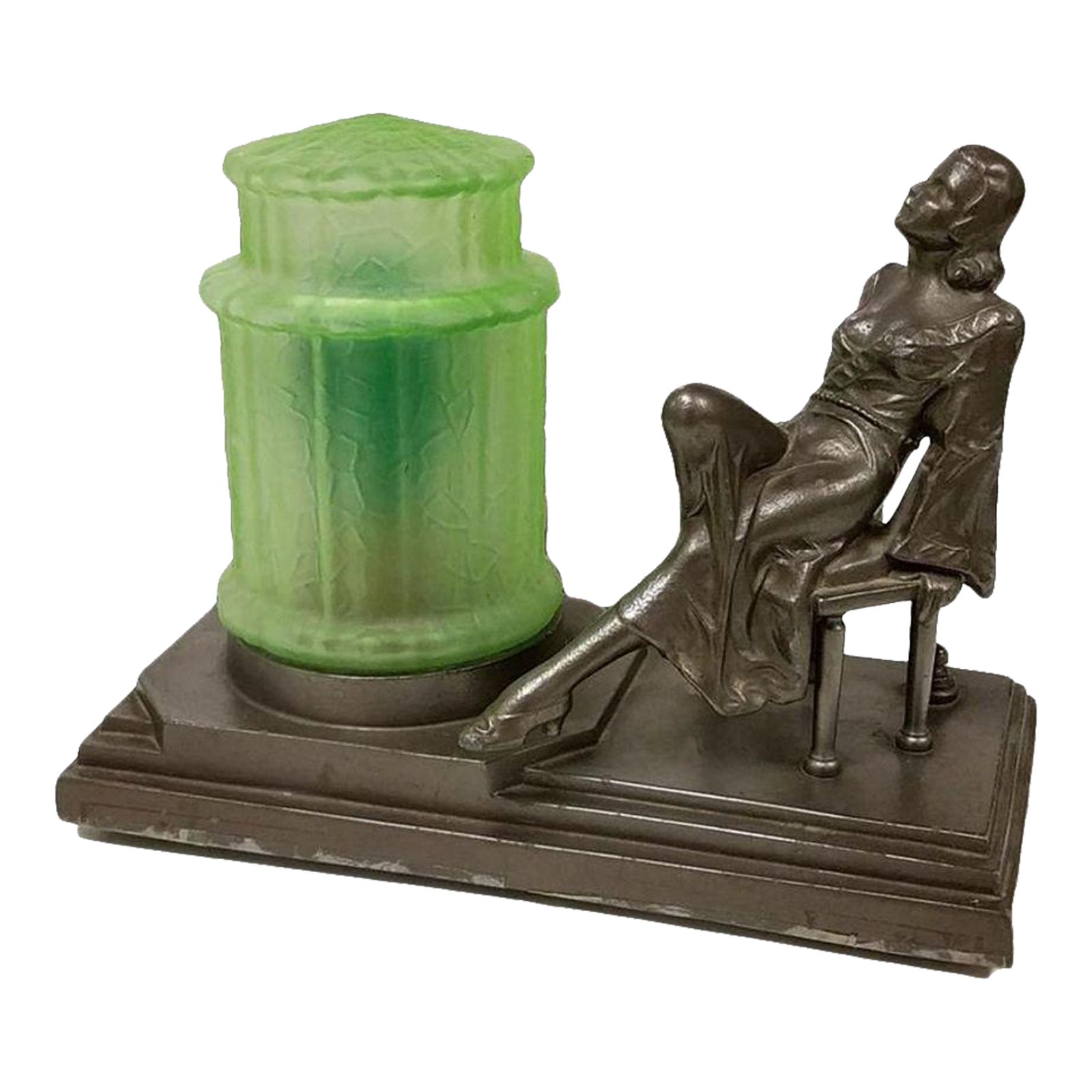 1930s Art Deco Spelter Metal Lounging Women Lamp With Green Light Shape ...