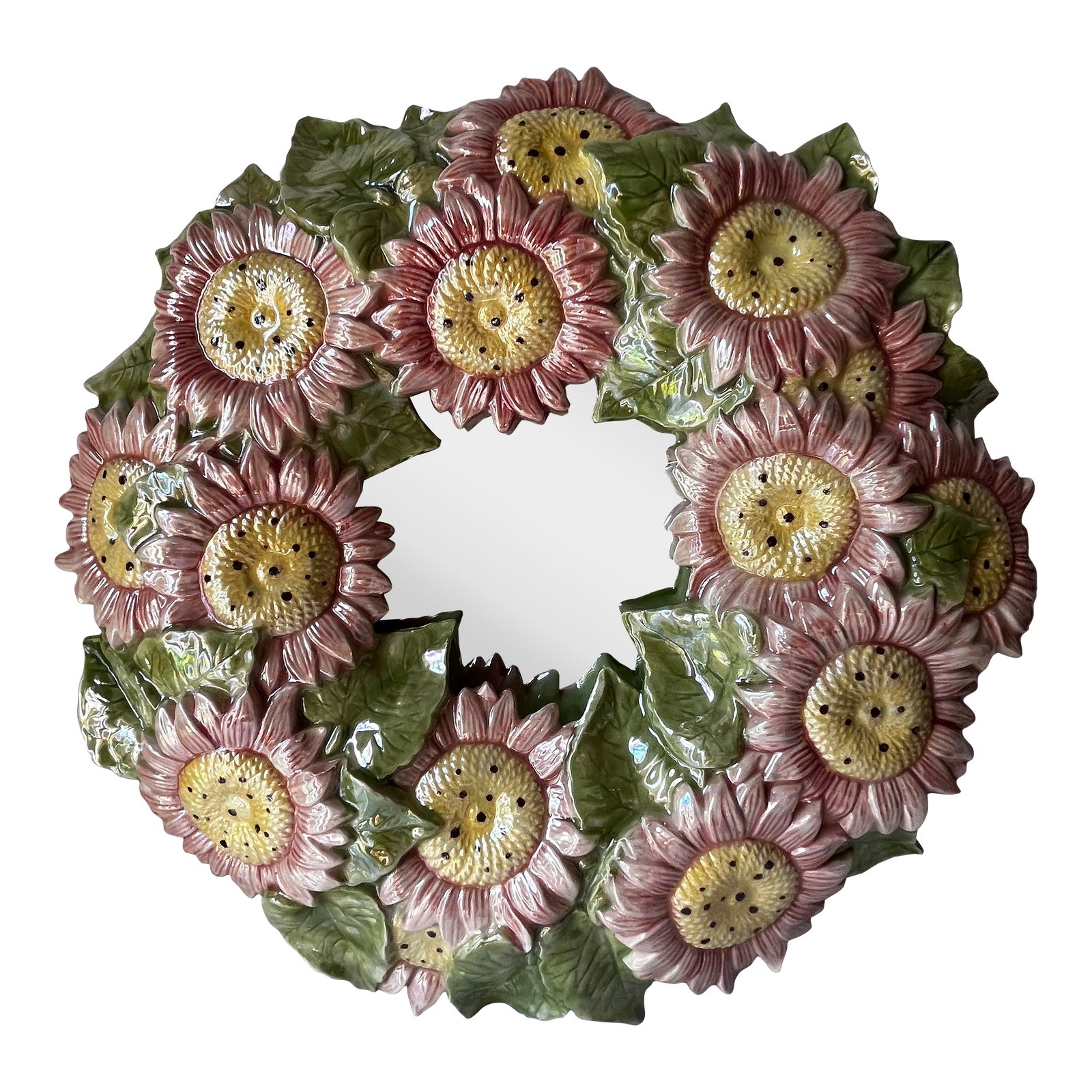 Vintage Porcelain Sunflowers Flowers Round Wall Mirror, Artist Signed ...