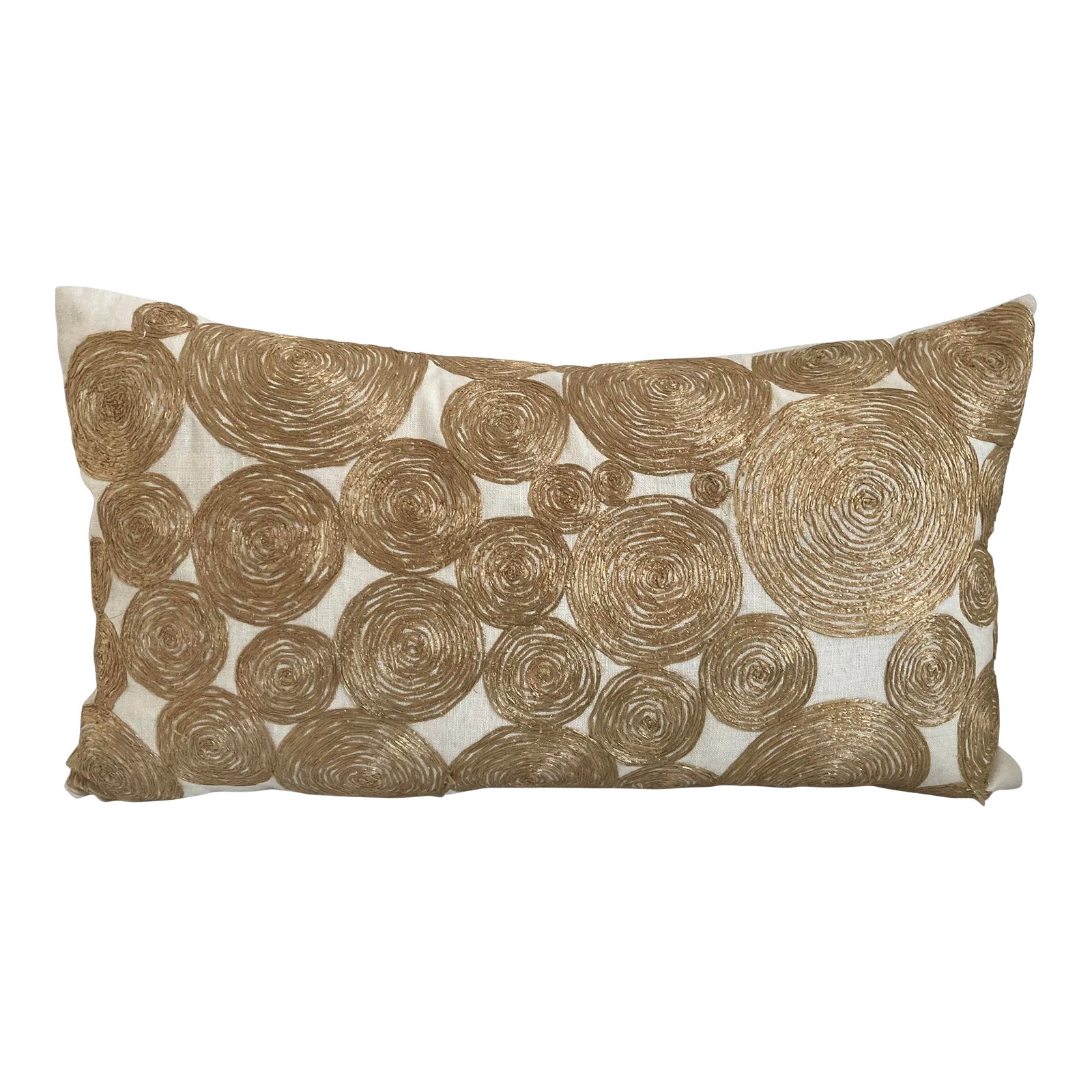 Contemporary Circular Motif Gold Rafia Embroidered Natural Linen Lumbar ...