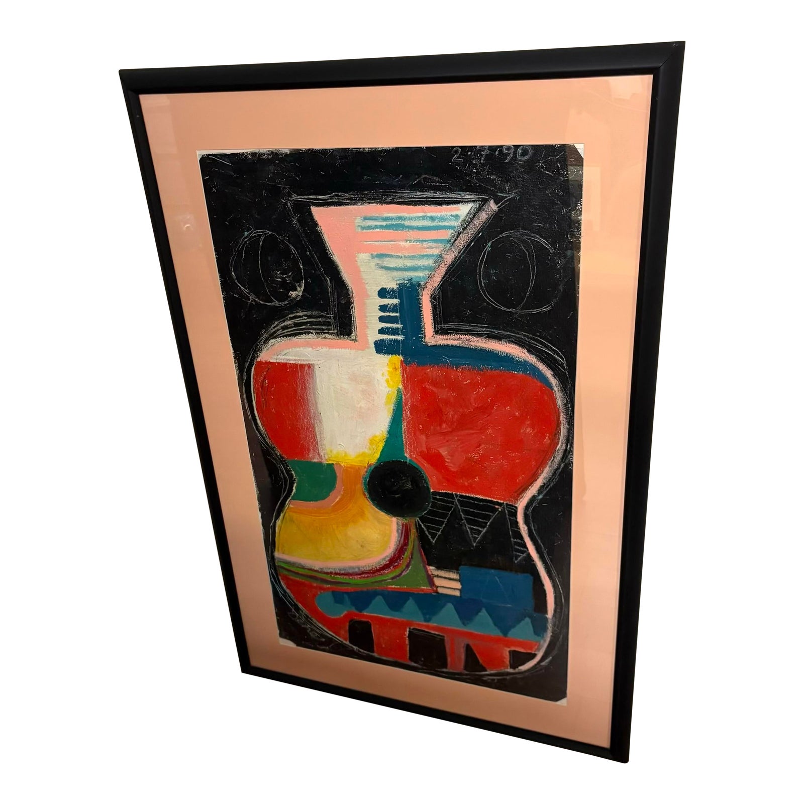 Vibrant 1990 Abstract Painting With Guitar Motif, Signed | Chairish