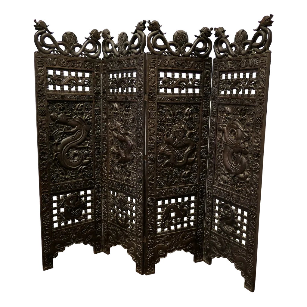 Large 19th Century Carved Chinoiserie 4 Fold Screen | Chairish