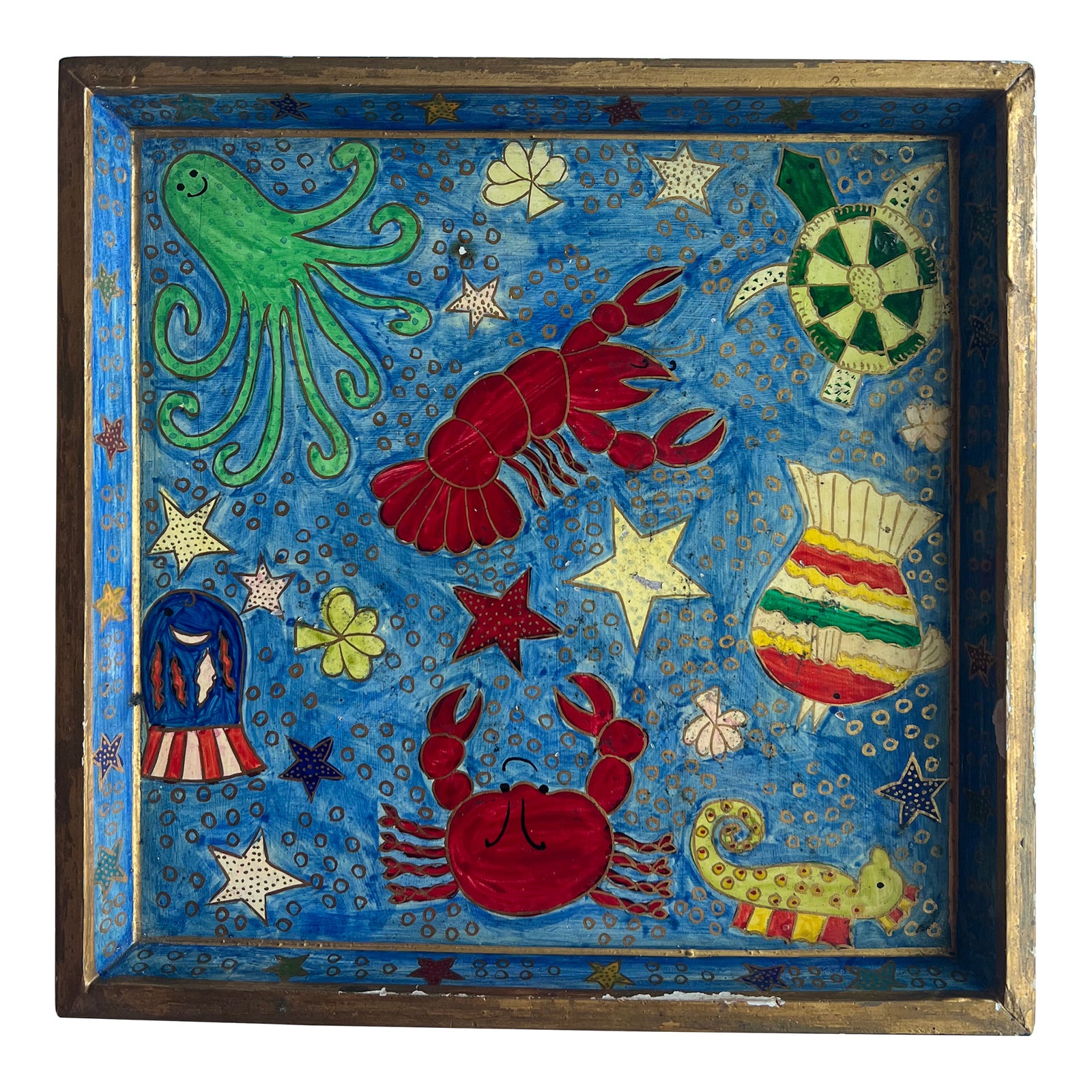 Colorful Handpainted Square Tray With Sea Creatures | Chairish