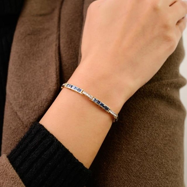 Classic 14k Gold Square Cut 6.44 Ct Blue Sapphire & Diamond Tennis ...