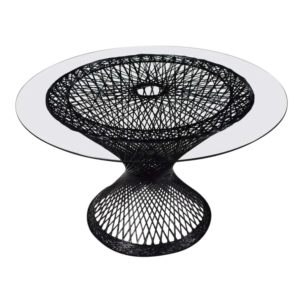 Spun Fiberglass Round Dining Table With Glass Top | Chairish