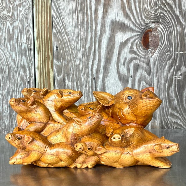 Vintage Boho Hand Carved Pig Family | Chairish