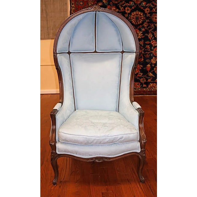 French Louis XV Style Blue Damask Fabric Hooded Porters Chair | Chairish