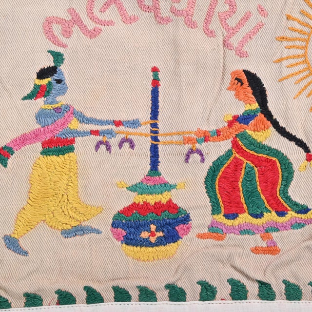Vintage Multicolor Hand Embroidery Indian Tapestry | Chairish
