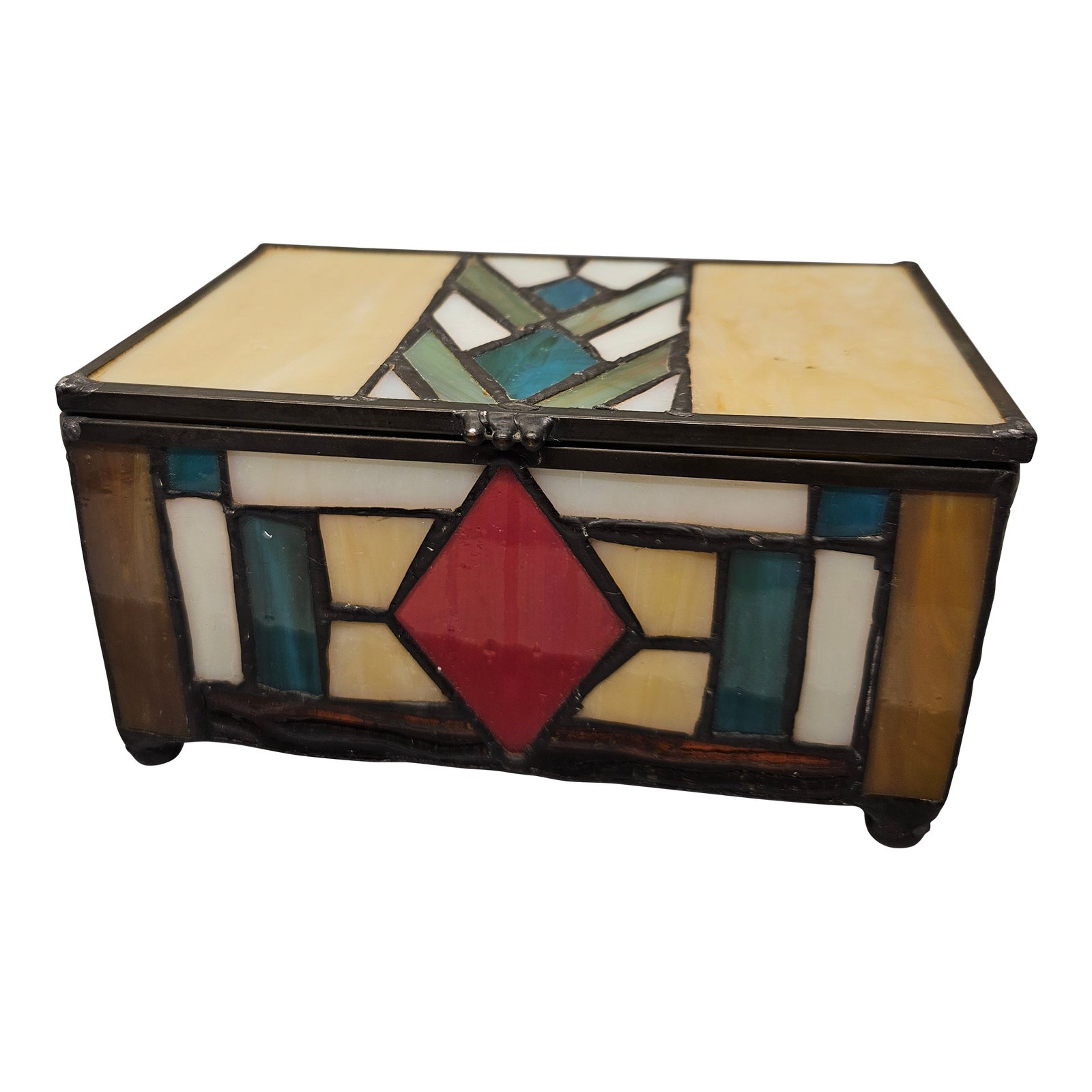 Vintage MCM Stained Glass Trinket Box Tiffany Style Jewelry W/Chain ...