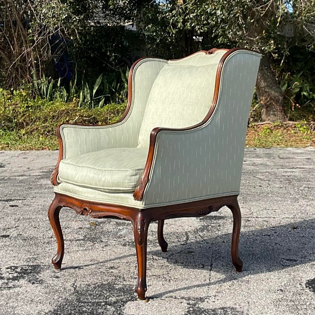 Vintage Wood Carved Sage Green Wingback Chair | Chairish