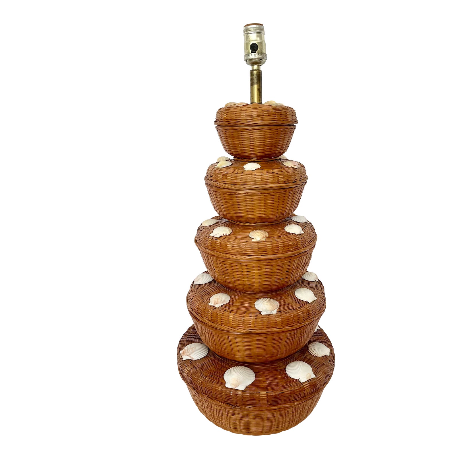 Vintage Stacked Wicker Basket Lamp With Shell Accents | Chairish