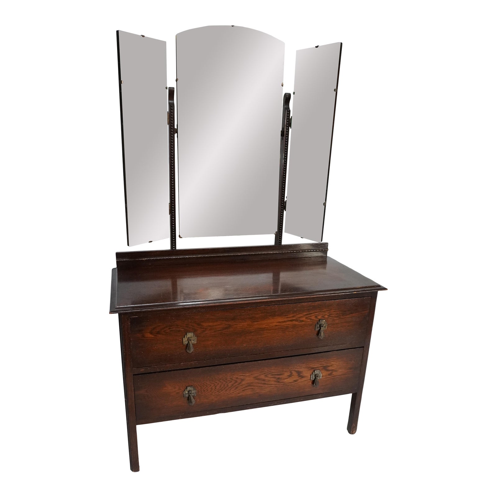 Early 20th Century Wood Dresser With Three Way Mirror | Chairish