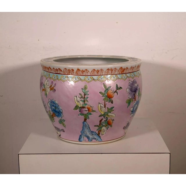 Vintage Chinese Porcelain Fishbowl Pink Floral & Bird Design Stamped ...