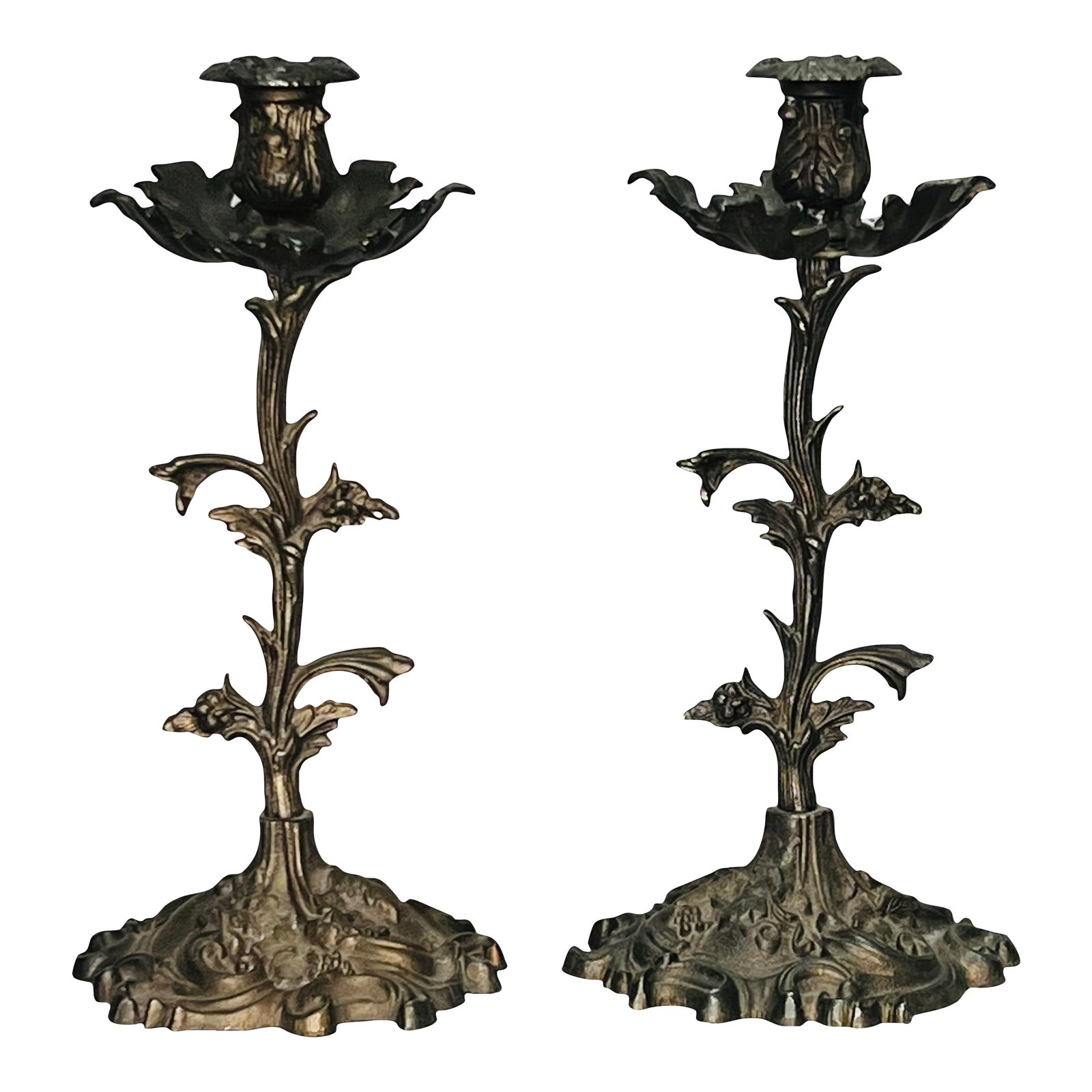 Mid Century Whimsical Flower Cast Metal Candlesticks, a Pair | Chairish