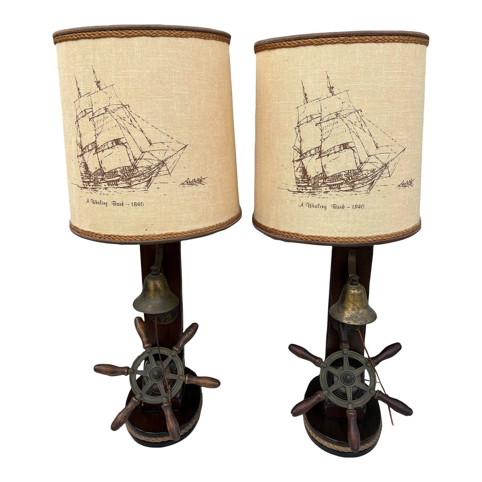 Mid-Century Nautical Ship Wheel and Bell Lamp, Signed With Whaling Bark ...
