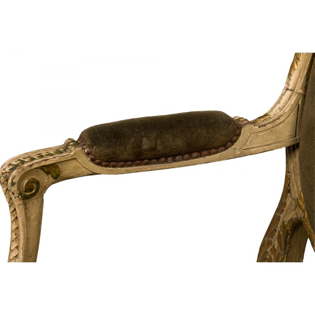 French Louis XVI Style Oval Back Carved Wood Green Velvet Upholstered ...