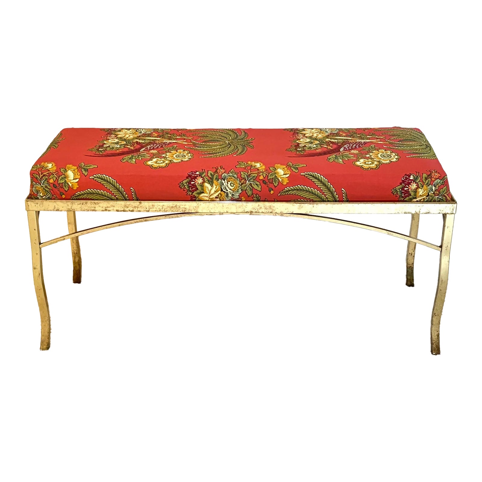 Coral Pheasant-Print Upholstered Brass-Leg Bench | Chairish