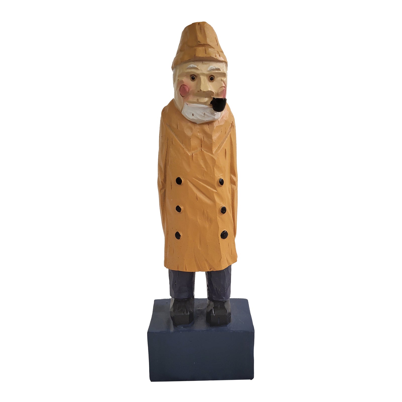 Carved & Painted Wooden Captain Figurine With Yellow Coat | Chairish