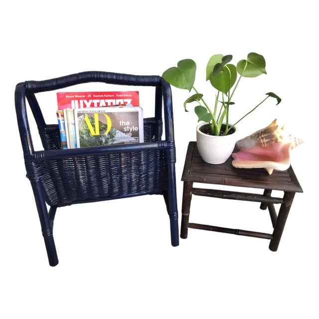 Vintage Navy Blue Rattan Magazine Rack | Chairish
