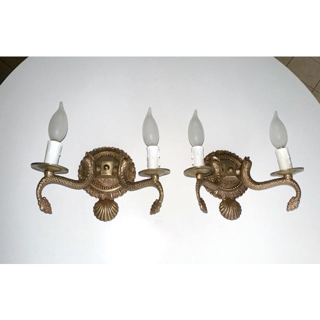Pair Neoclassic Dolphin Shell Brass Wall Sconces | Chairish