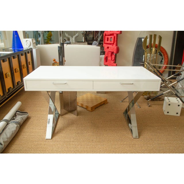 John Stuart Restored 2 Drawer White Lacquered Wood Campaign Desk With X ...