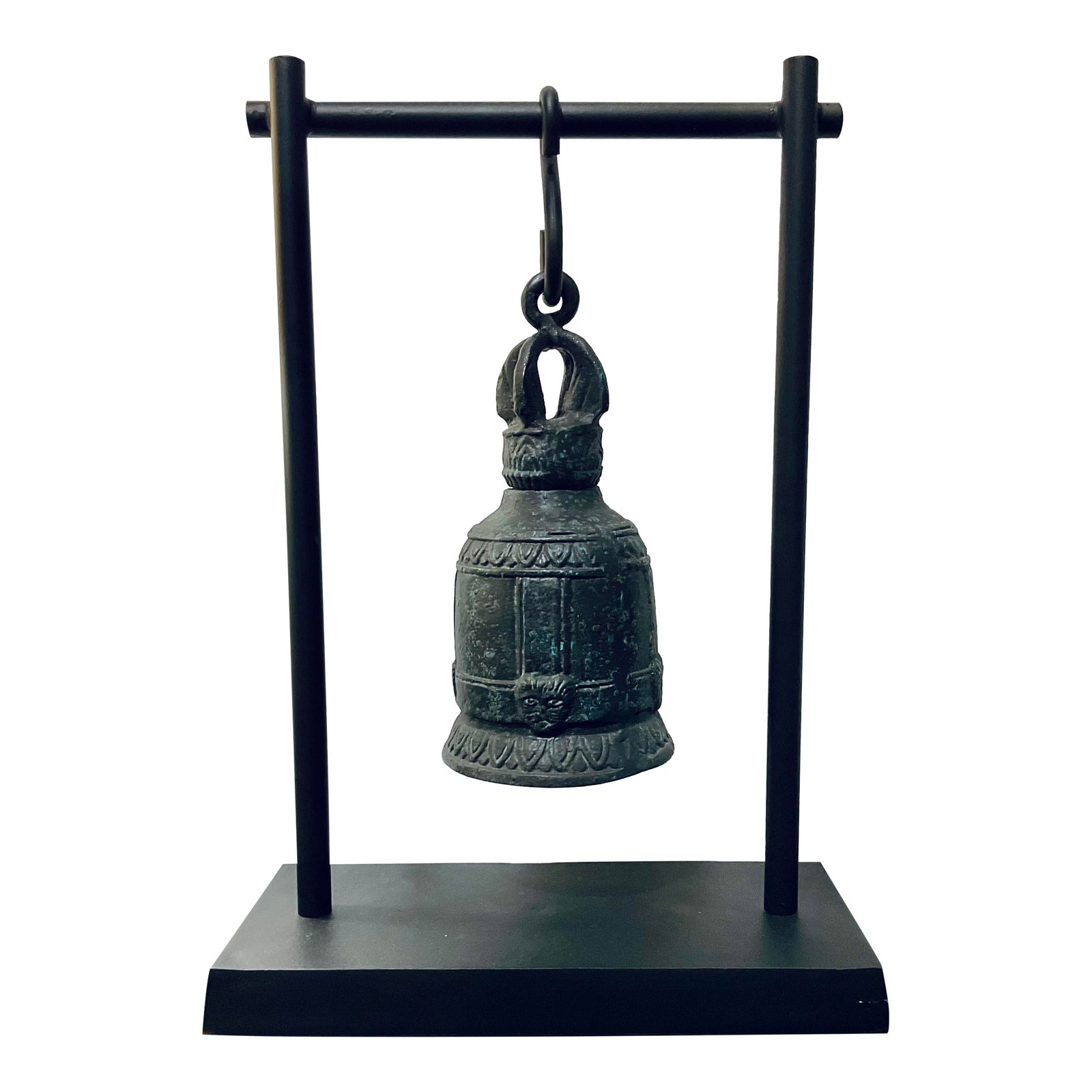 Small Antique Style Asian Bronze Bell on a Stand Sculpture | Chairish