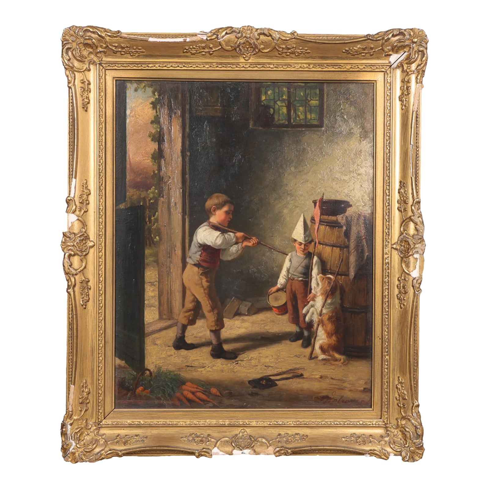 Mid 19th Century Boys With Dog by Jan Walraven (Dutch 1827-1878) | Chairish