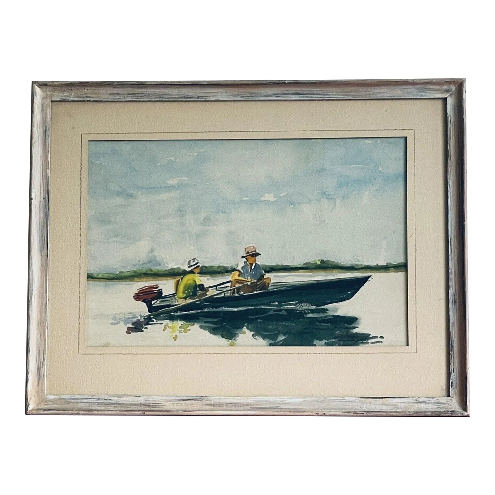 1988 Lake Fishermen Original Fine Art Watercolor Gouache Painting ...