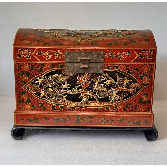 1960s Vintage Chinese Carved Double Dragon Wood Dowry Keepsake Box Felt ...