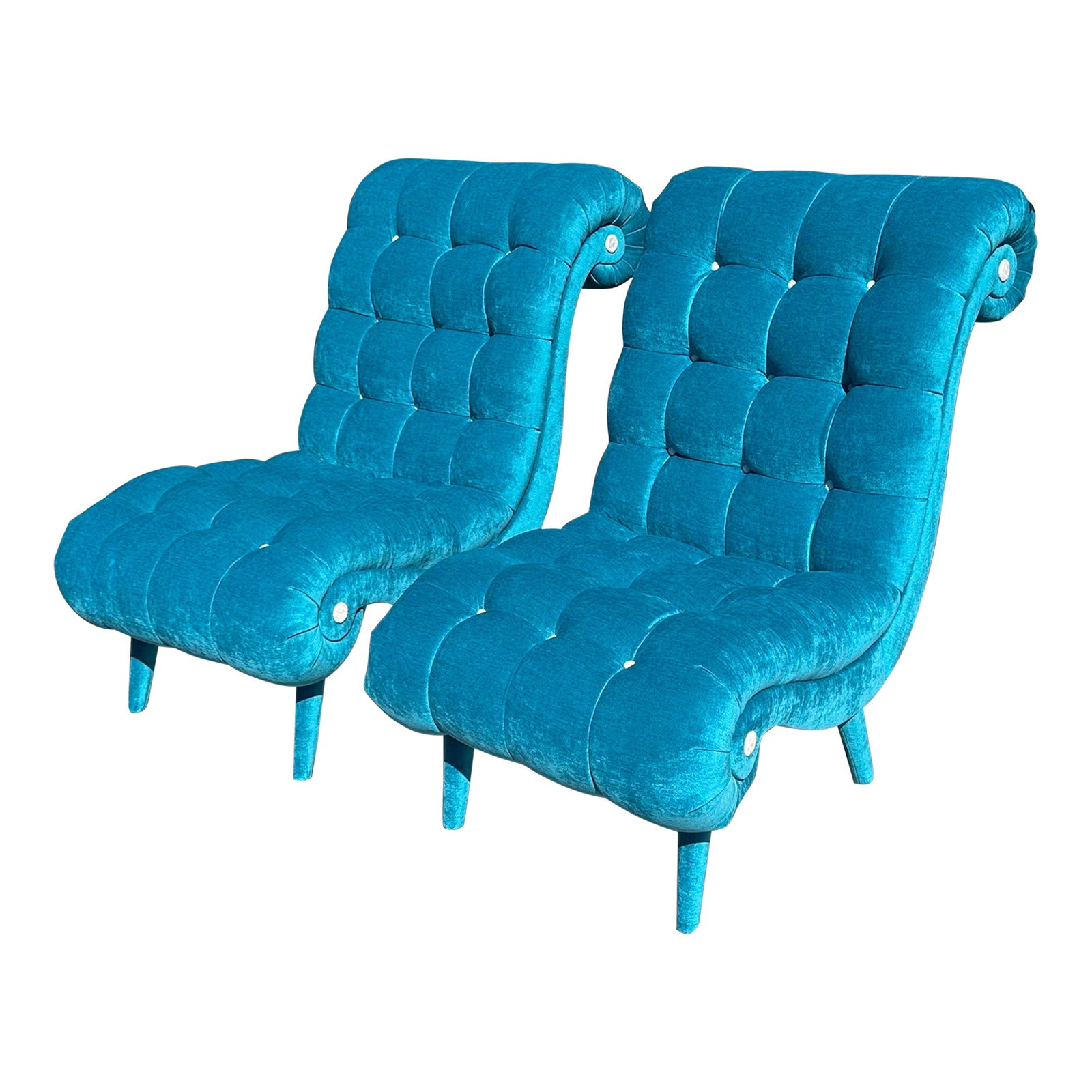 Pair of Mid Century Modern Tufted Turquoise Velvet Chairs | Chairish