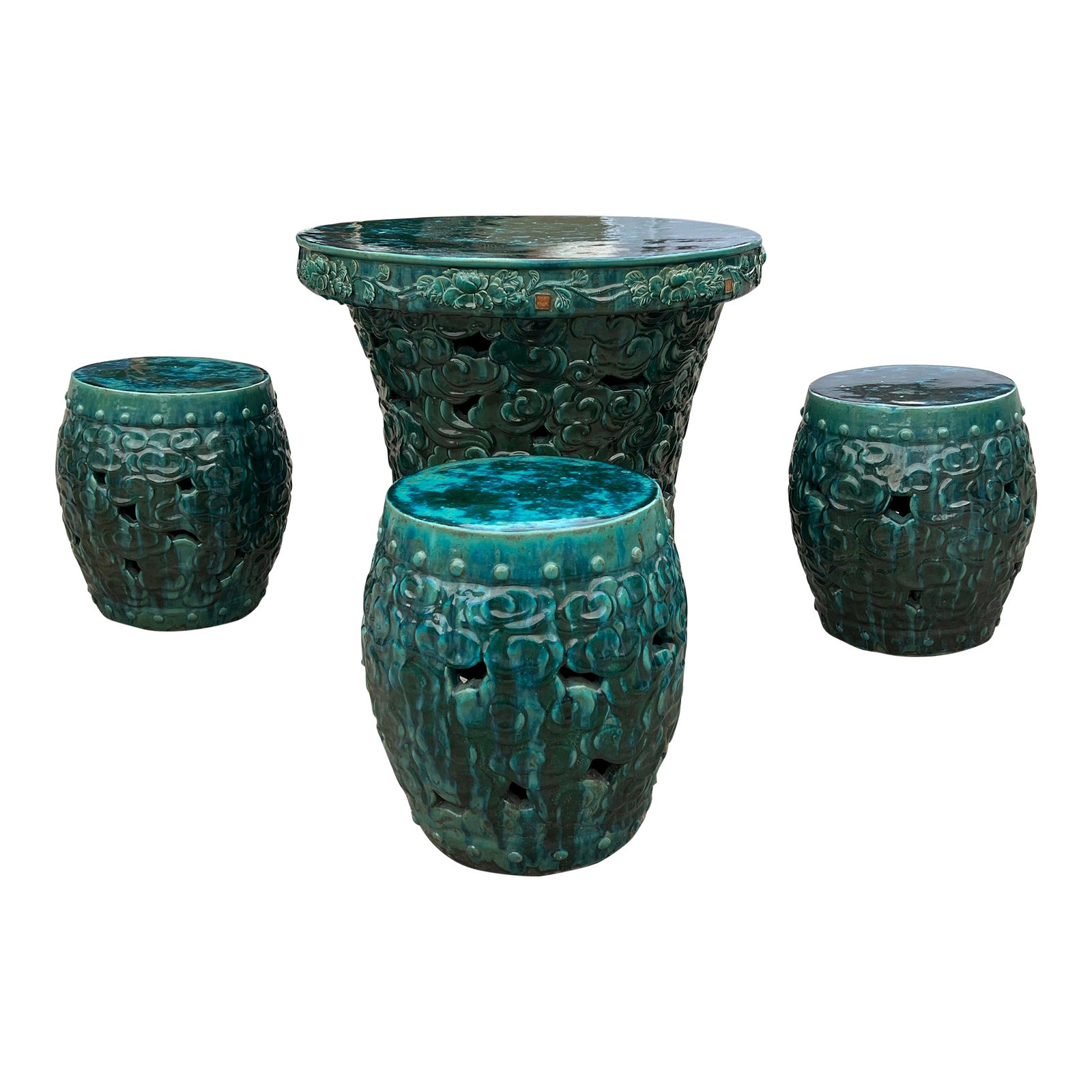 Chinese Scroll Cloud Pattern Green Round Garden Tea Table Set - 5 ...
