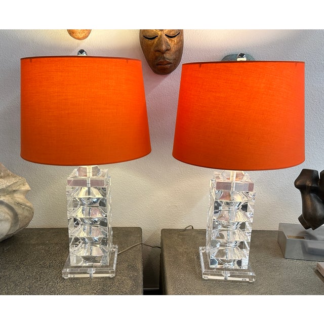 Vintage 1980s Lucite Lamps with Orange Shades - a Pair | Chairish
