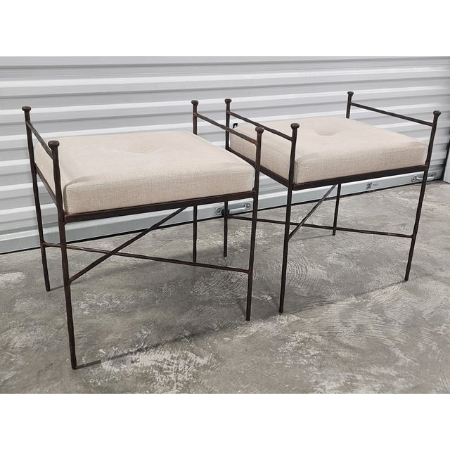 Hand Forged Wrought Iron Upholtered Bench - A Pair | Chairish