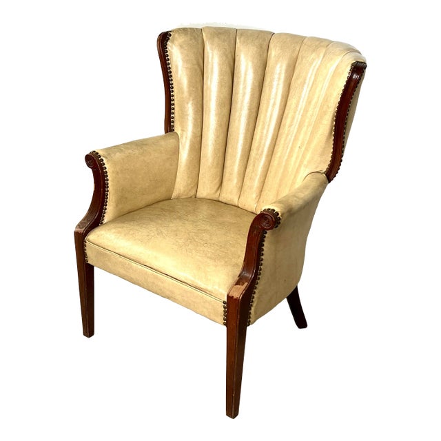Vintage Cream Channel Back Wing Chair | Chairish