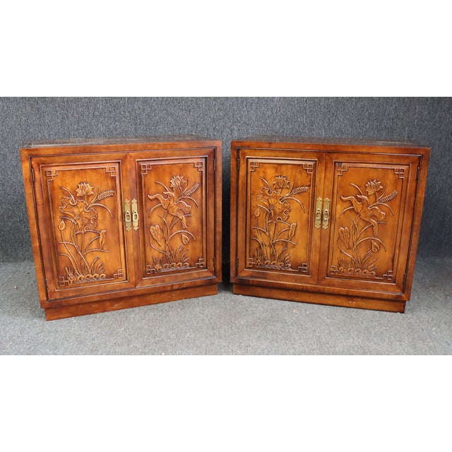 Henredon Asian Design Carved Cherry Commode Cabinets - a Pair | Chairish