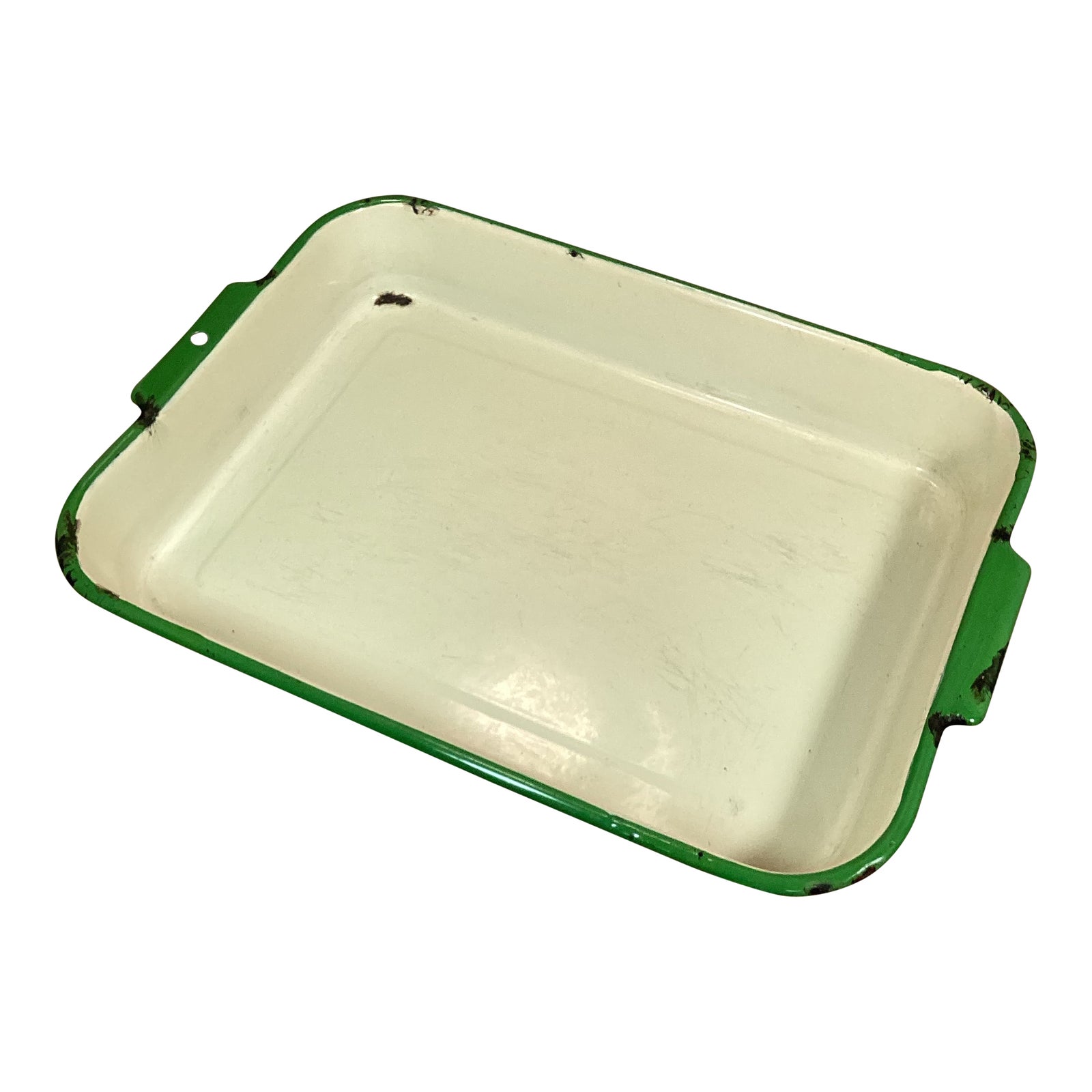 Vintage Enamelware Rectangle Baking Pan Tan With Green Rim | Chairish