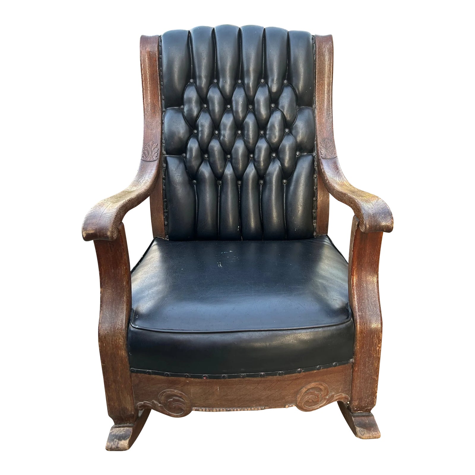 Early 20th Century Antique Tufted Leather Rocking Chair | Chairish
