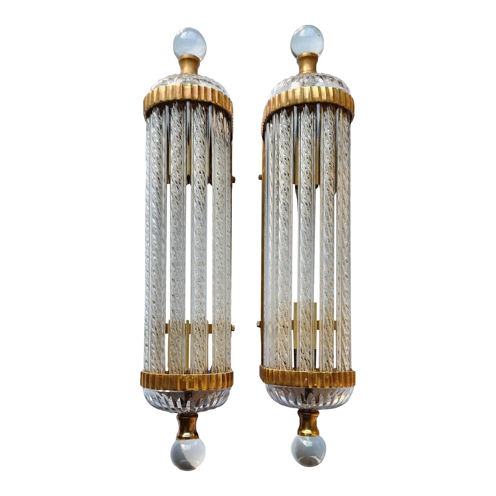 Pair Vintage Art Deco Wall Sconces Fixture in Brass & Ribbed Glass Rod ...