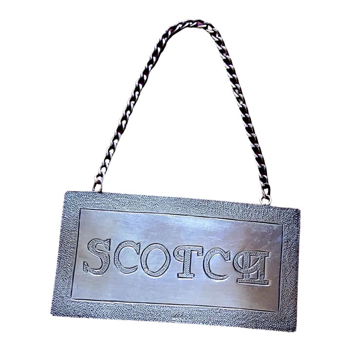 1960s Large Sterling Decanter Tag Scotch by Lawton | Chairish