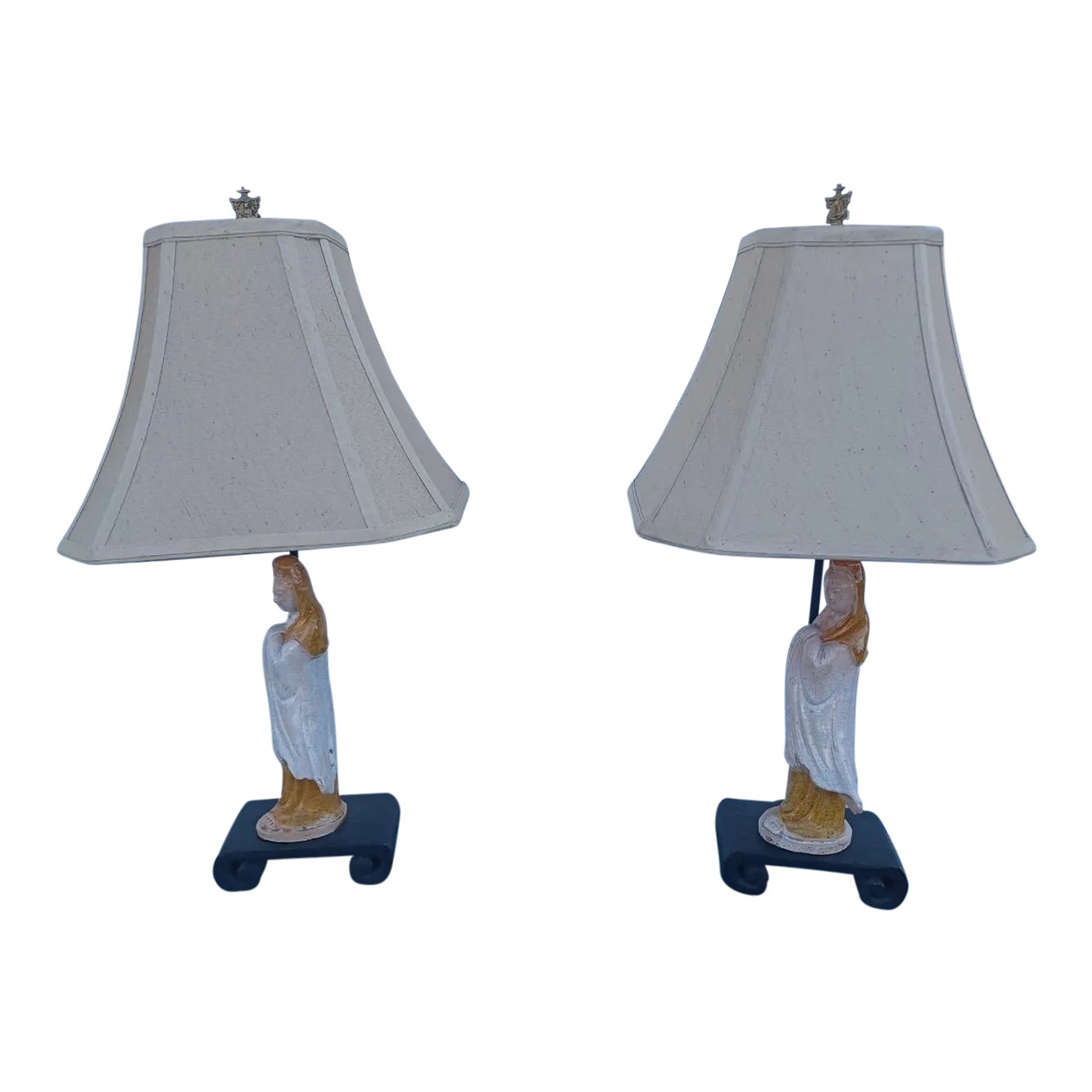 Pair of Antique Asian Pottery Figural Lamps on Bases | Chairish