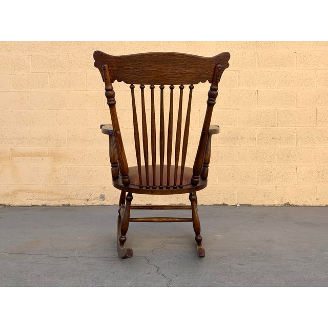 Early 1900s Press Back Rocking Chair With New Leather Seat | Chairish