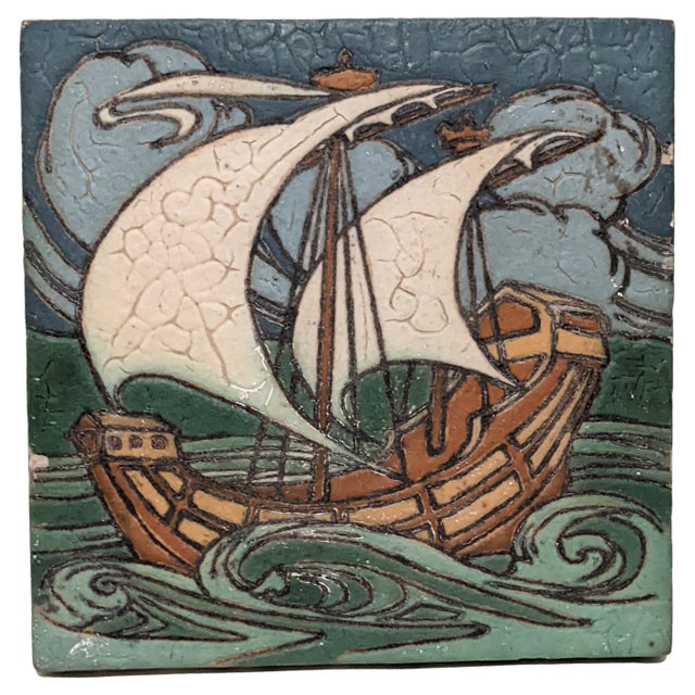 Early 20th Century Grueby Viking Ship Earthenware Tile | Chairish