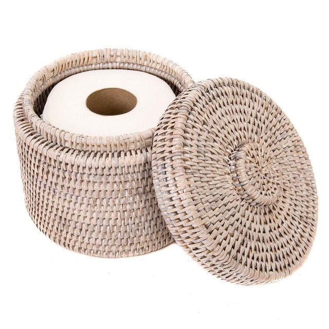 Artifacts Rattan Round Single Tissue Roll Box in White Wash | Chairish