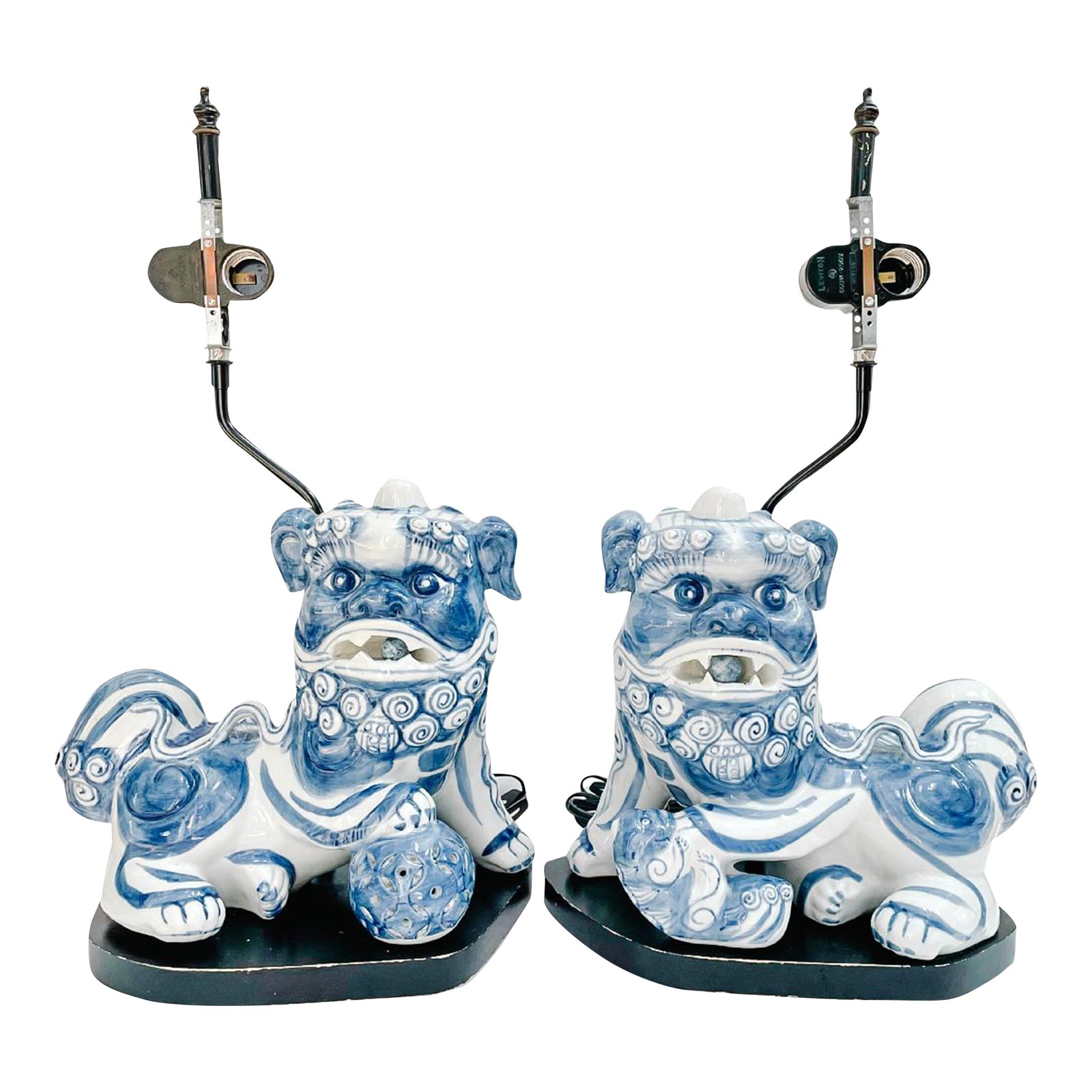 Chinoiserie Blue and White Ceramic Foo Dog Table Lamps - a Pair | Chairish