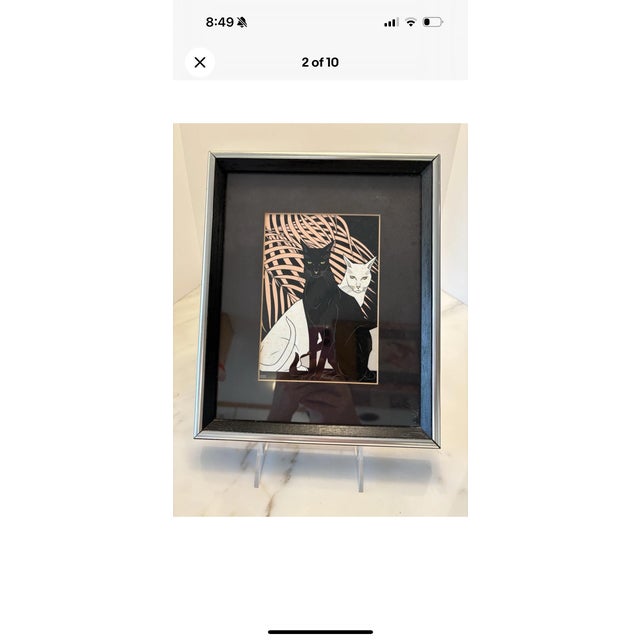 Tracy Sabin Cat Art Framed Mat Mid Century 80s Black White Cat | Chairish