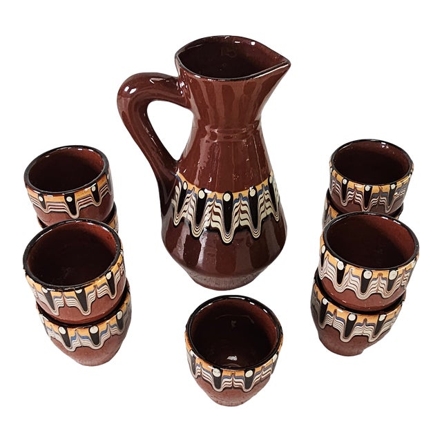 Bulgarian Troyan Red Feather Pitcher & Cup Set 9 Cups 12 Oz | Chairish