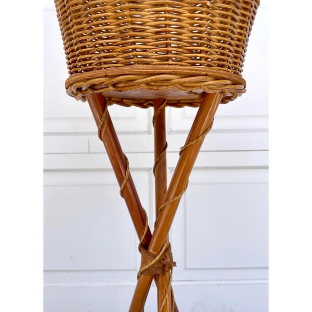 Vintage Woven Wicker Plant Basket on Wood Legs | Chairish